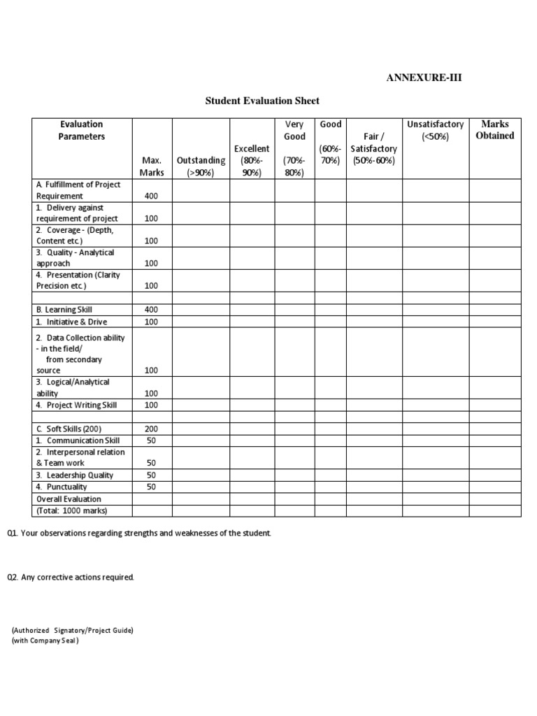 Annexure-Iii Student Evaluation Sheet: Evaluation Parameters Marks Obtained | PDF