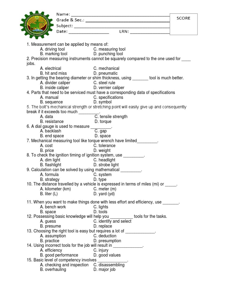 Automotive Measurement Techniques Exam | PDF | Tools | Manufactured Goods