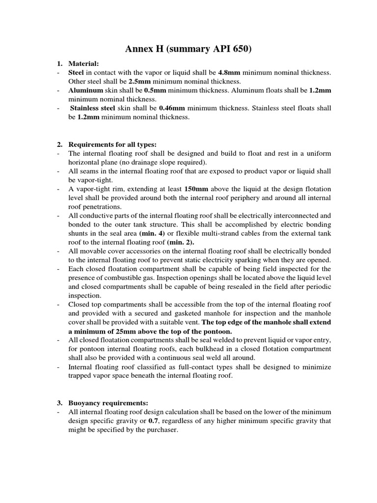 Annex H (Summary API 650) : 1. Material | PDF | Buoyancy | Roof