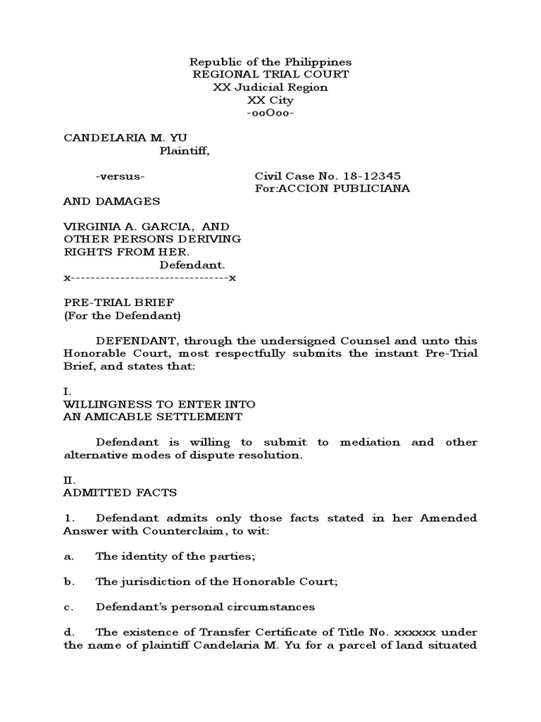 Pretrial Brief Sample | Download Free PDF | Discovery (Law) | Lawsuit