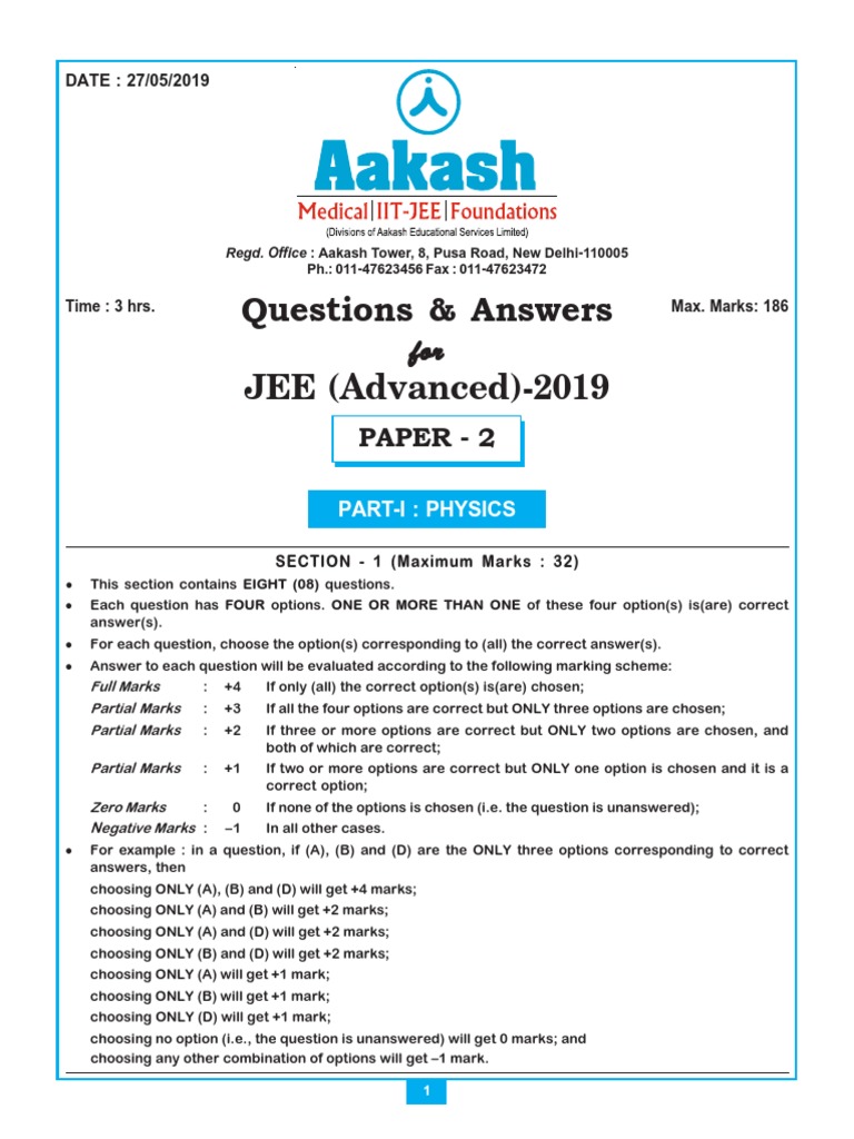 Solutions - JEE (Advanced) 2019 - Paper 2 PDF | PDF | Electronvolt | Gases