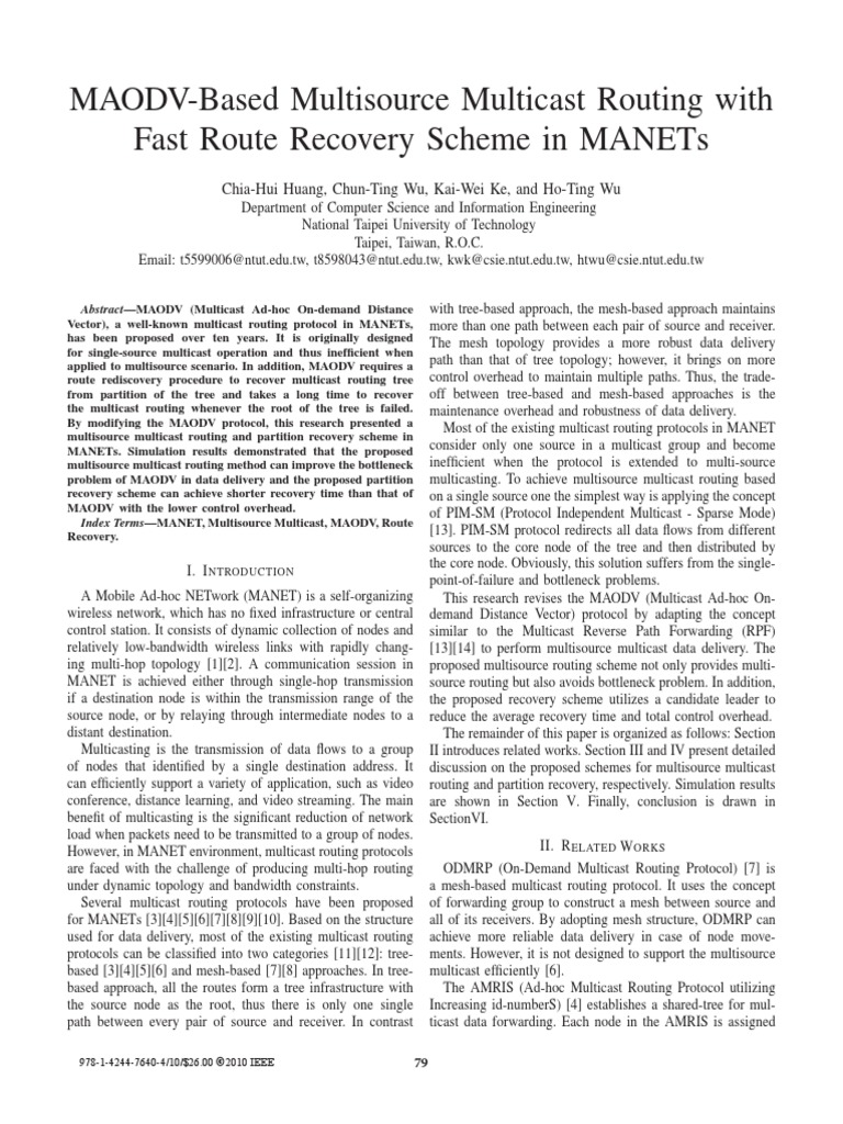 Maodv-Based Multisource Multicast Routing With Fast Route Recovery Scheme in Manets | PDF ...