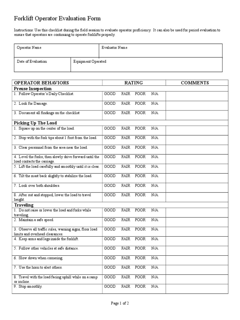 Forklift Operator Evaluation Form | PDF | Forklift | Manufactured Goods