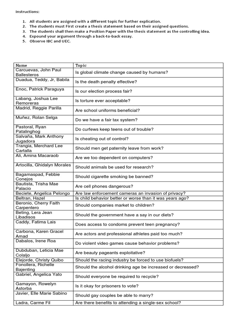 Position Paper Topics | PDF