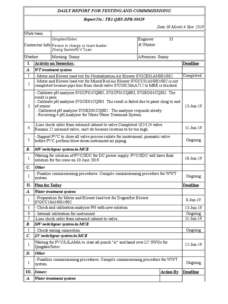 Daily Report For Testing and Commmissiong: I. Activity On Yesterday ...