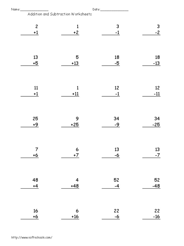 Addition and Subtraction Worksheets: Name: - Date | PDF