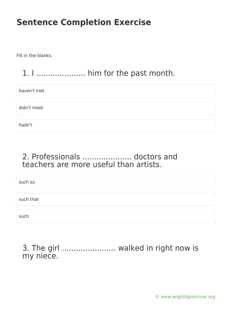Sentence Completion Exercise | PDF