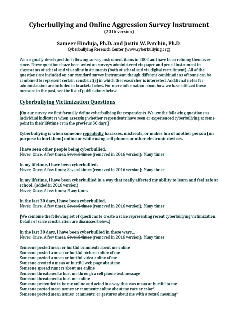 Cyberbullying and Online Aggression Survey Instrument: Sameer Hinduja ...