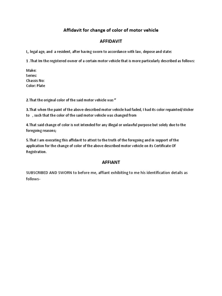 Affidavit For Change of Color of Motor Vehicle Affidavit | Download ...