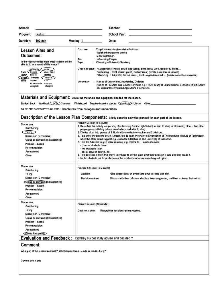 Lesson Aims and Outcomes:: School: Teacher: Program: English School ...