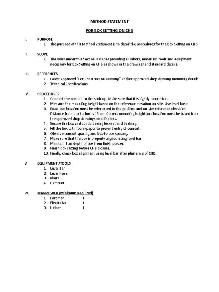 Method Statement For CHB Box Setting | PDF
