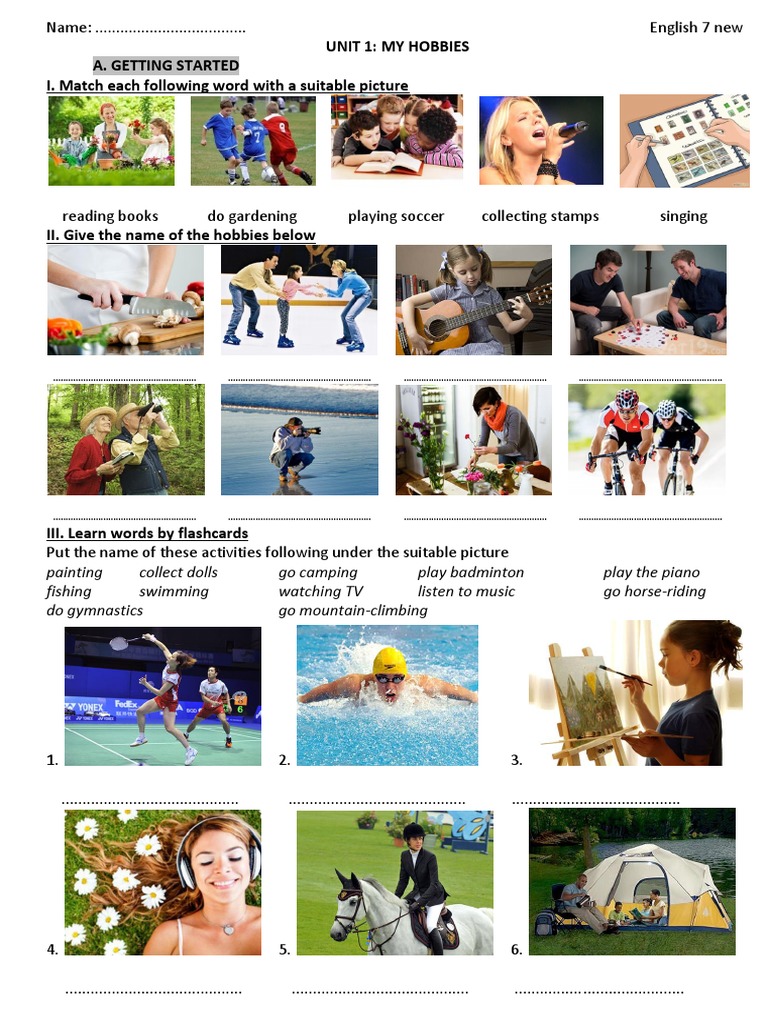 Unit 1 My Hobbies A Getting Started I Match Each Following Word With