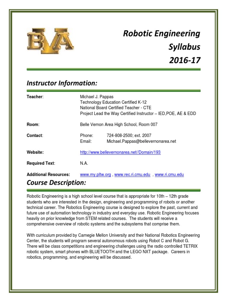 BVAHS Syllabus Robotic Engineering | PDF | Robotics | Electric Motor