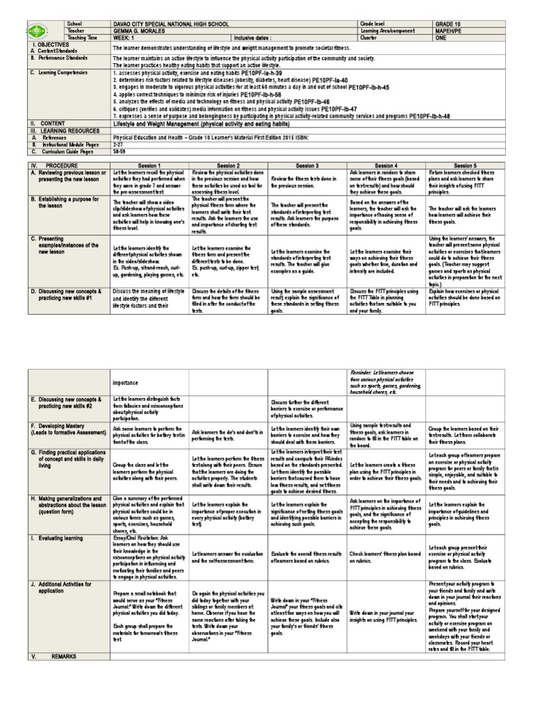 Physical Education 10-Q1new | PDF | Physical Education | Physical Fitness