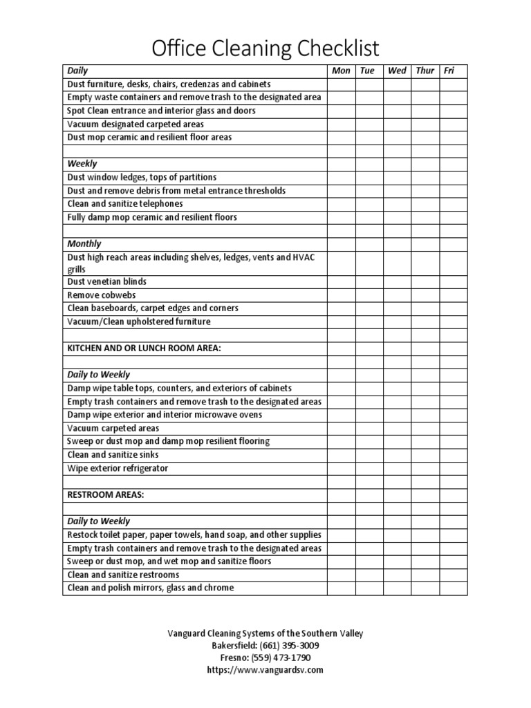 Office Cleaning Checklist: Daily Mon Tue Wed Thur Fri | PDF