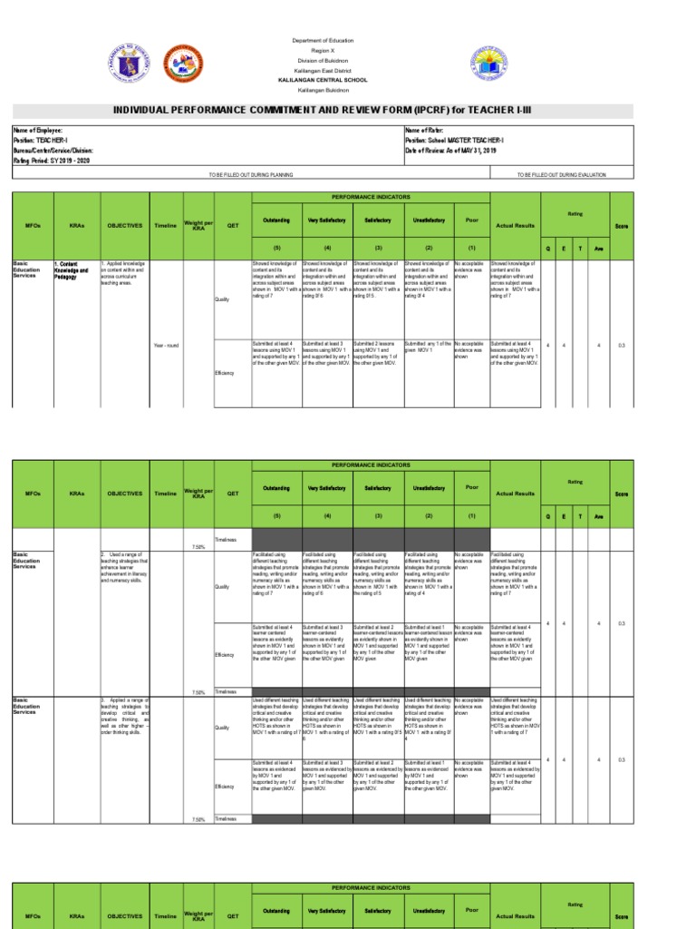 Individual Performance Commitment and Review Form (Ipcrf) For Teacher I ...