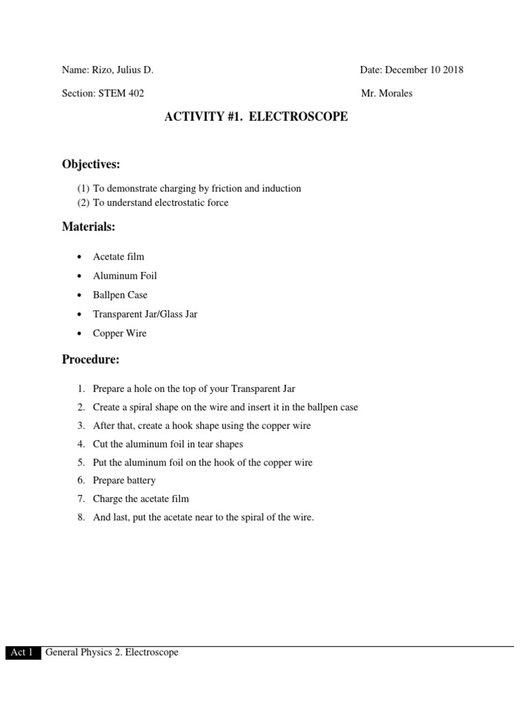 Activity #1. Electroscope | PDF | Electric Charge | Electrical Conductor