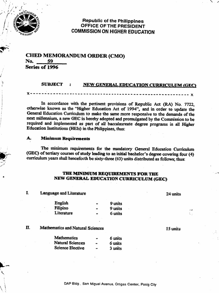 CMO No. 59 Series of 1996 New General Education Curriculum GEC PDF | PDF