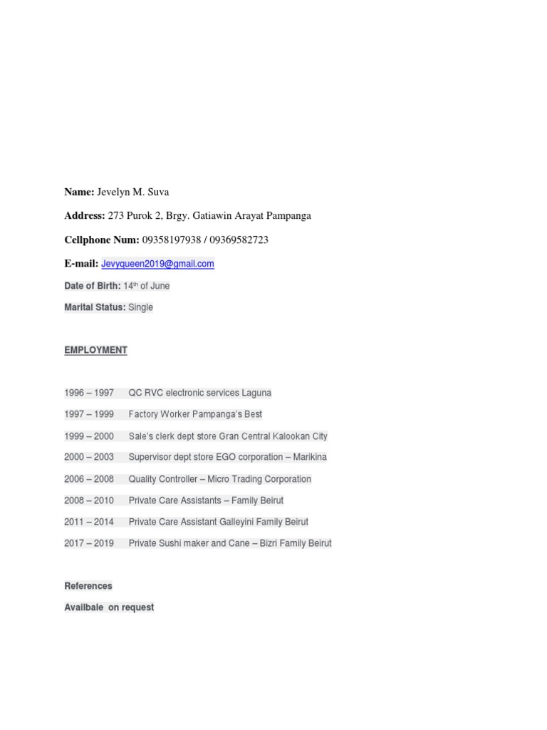 Jevelyn M. Suva's Employment History | PDF