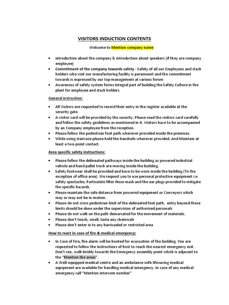 Visitors Induction Contents | PDF | Safety | Prevention