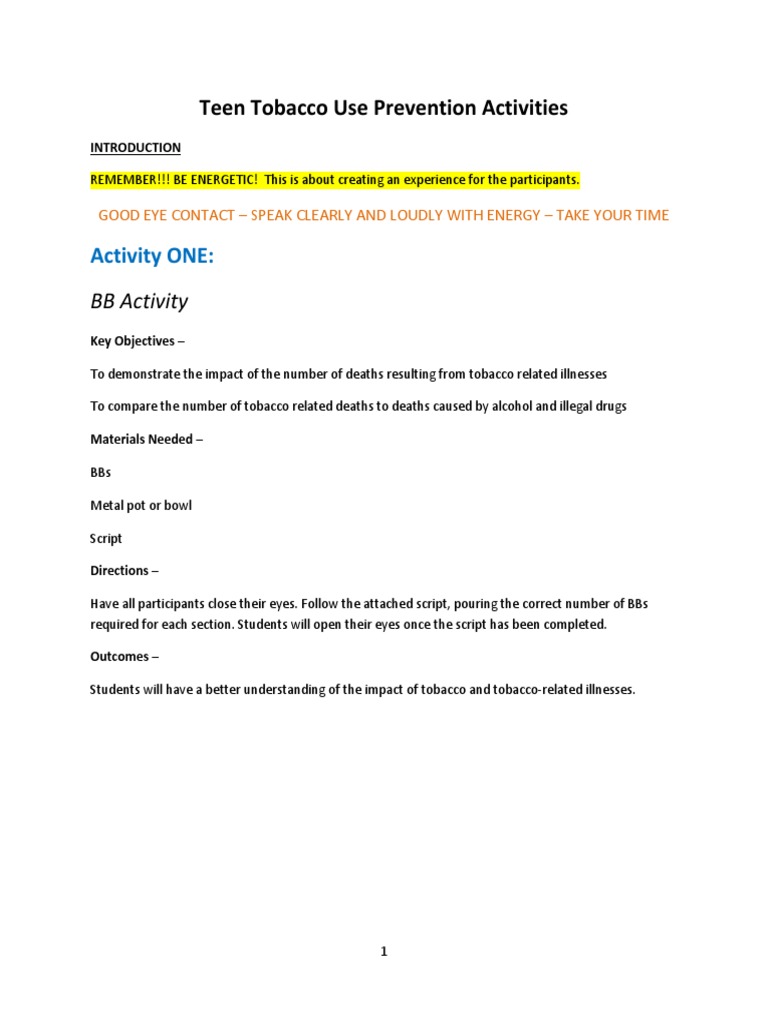 Teen Tobacco Use Prevention Activities: Activity ONE | PDF | Cigarette ...