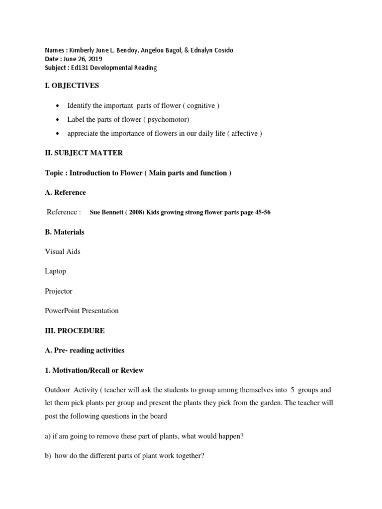 Lesson Plan: Parts of a Flower | PDF | Flowers | Branches Of Botany