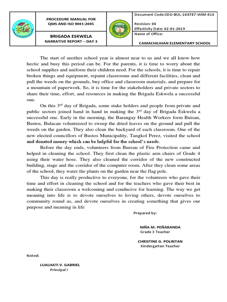 Day 3 Narrative Report On Brigada Eskwela | PDF | Learning