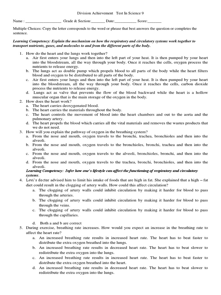 Division Achievement Test in Science 9 | PDF | Circulatory System | Heart