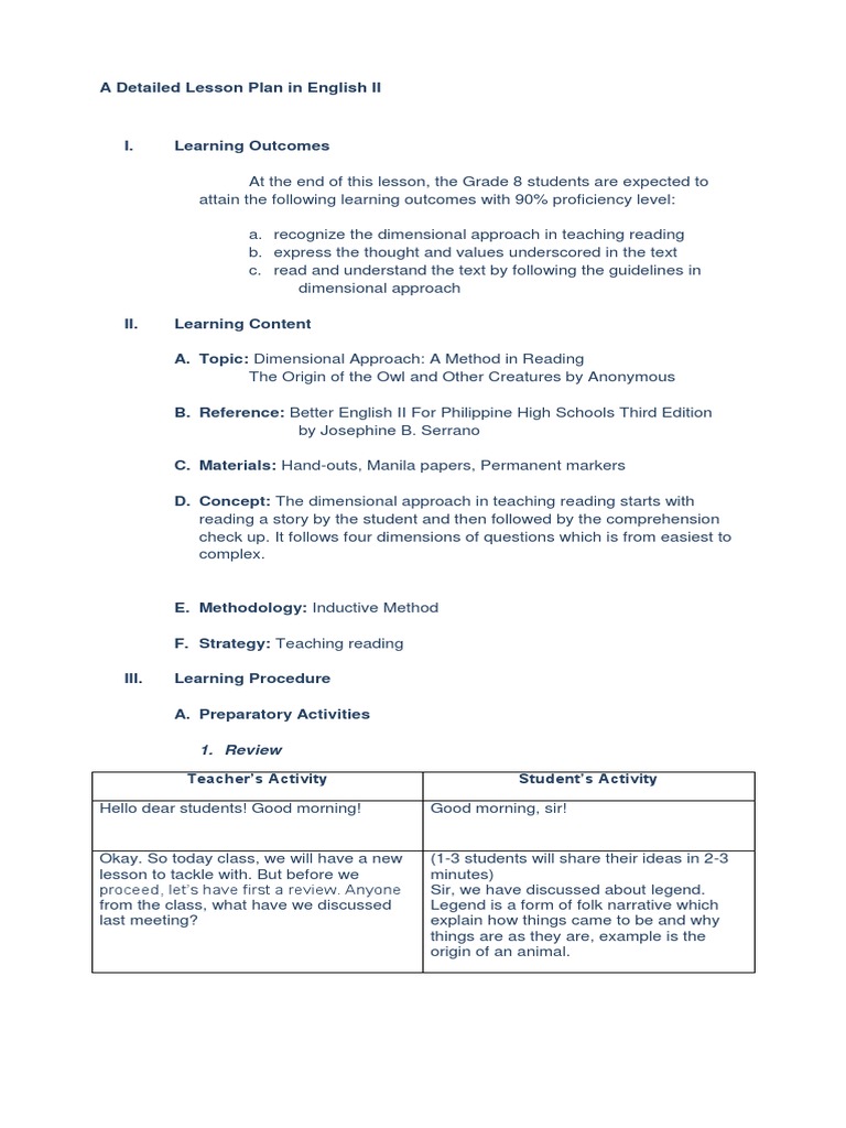 A Detailed Lesson Plan in English II (Sir Mannie) | PDF | Reading ...