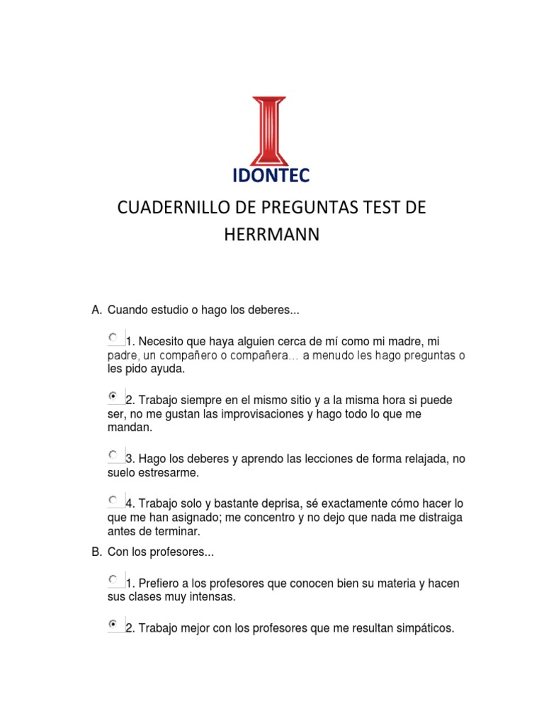 Cuadernillo de Preguntas Test de Herrmann | PDF | Enseñanza de ...