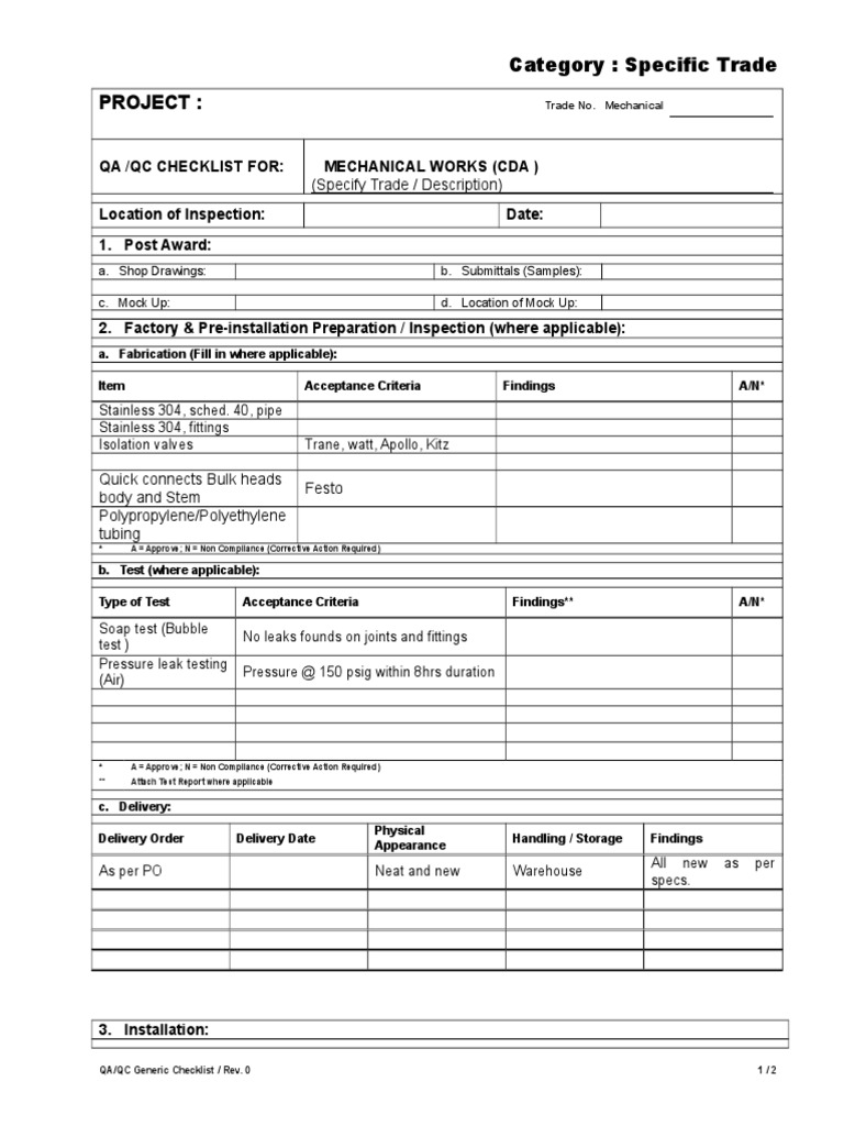 Sample - Cda Checklist | PDF | Gas Technologies | Pipe (Fluid Conveyance)