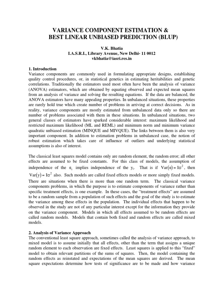 Variance Component Estimation & Best Linear Unbiased Prediction (Blup ...