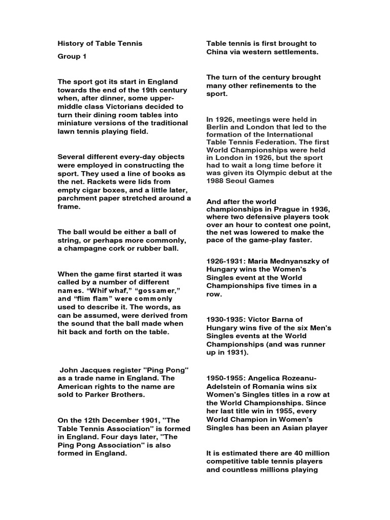 History of Table Tennis | PDF | Table Tennis | Sports Equipment