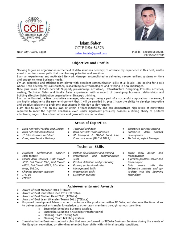 Islam Saber CCIE RS# 54376: Objective and Profile | PDF | Virtual Private Network | Computer Network