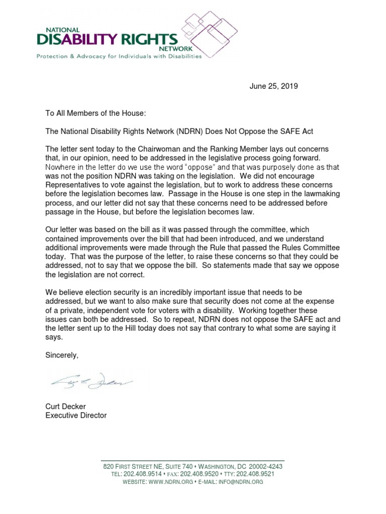 NRDN Letter Clarifying SAFE Act Stance | PDF | Politics