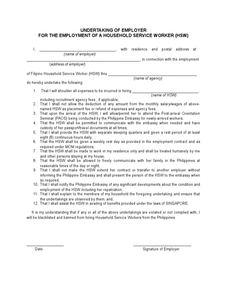 Undertaking of Employer For The Employment of A Household Service ...