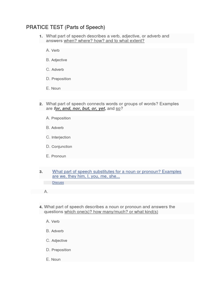 Parts of Speech Practice Test | PDF | Part Of Speech | Adverb
