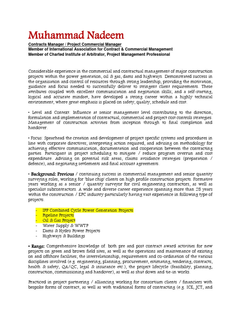 CV - Contract Manager Muhammad Nadeem | PDF | Project Management | Engineering
