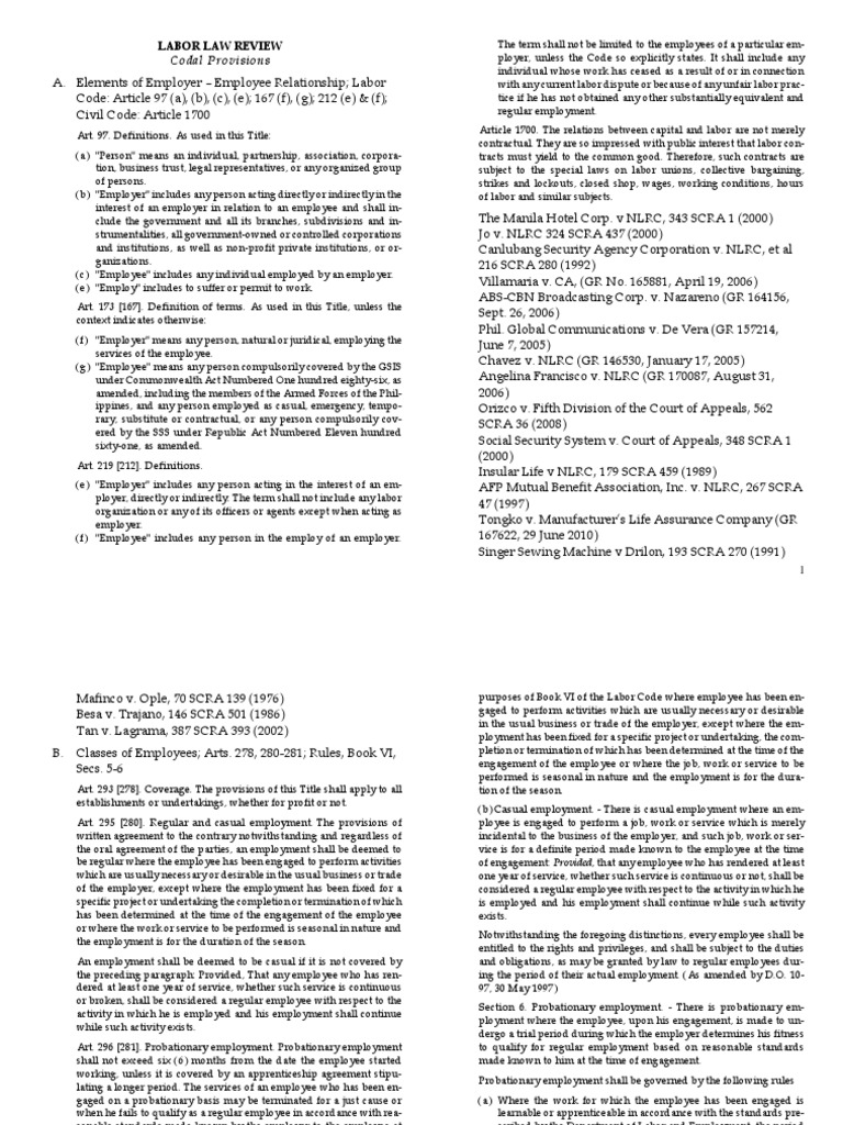 LABOR LAW REVIEW FLJ Codal-3 | PDF | Independent Contractor | Employment
