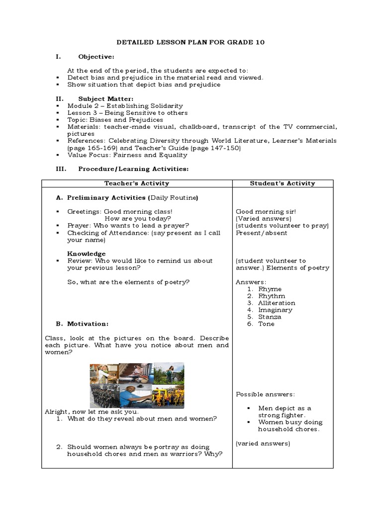 Detailed Lesson Plan | PDF | Prejudices | Bias