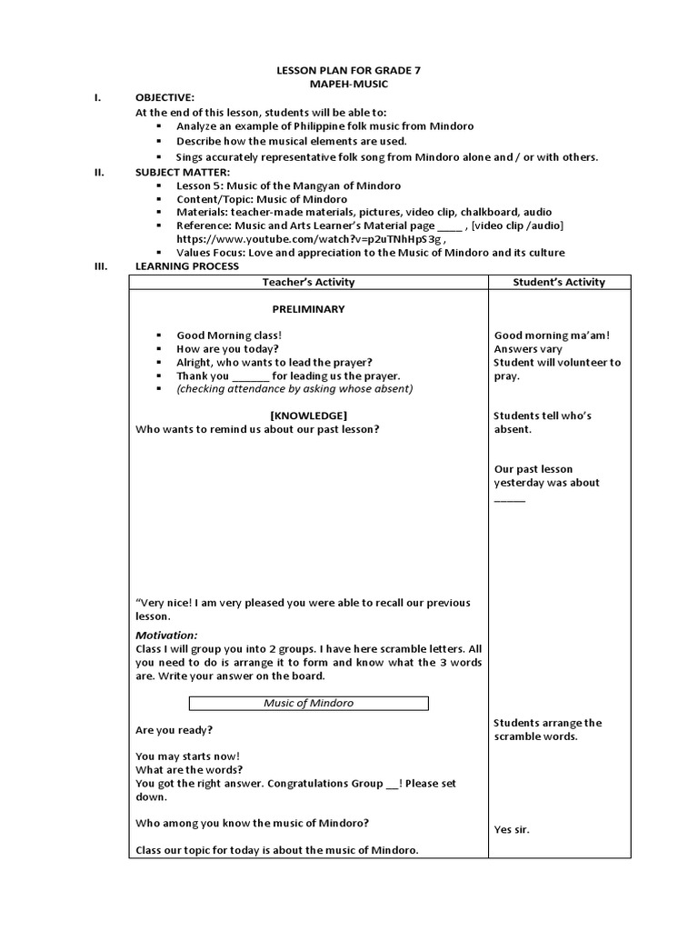 Lesson Plan For Grade 7 | PDF | Singing | Lesson Plan