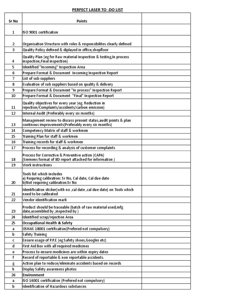 Perfect Laser To - Do List: SR No Points | PDF | Audit | Supply Chain