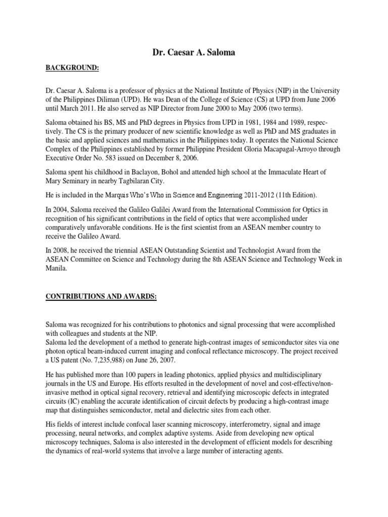 Dr. Caesar A. Saloma: Contributions in Science | PDF | Science ...