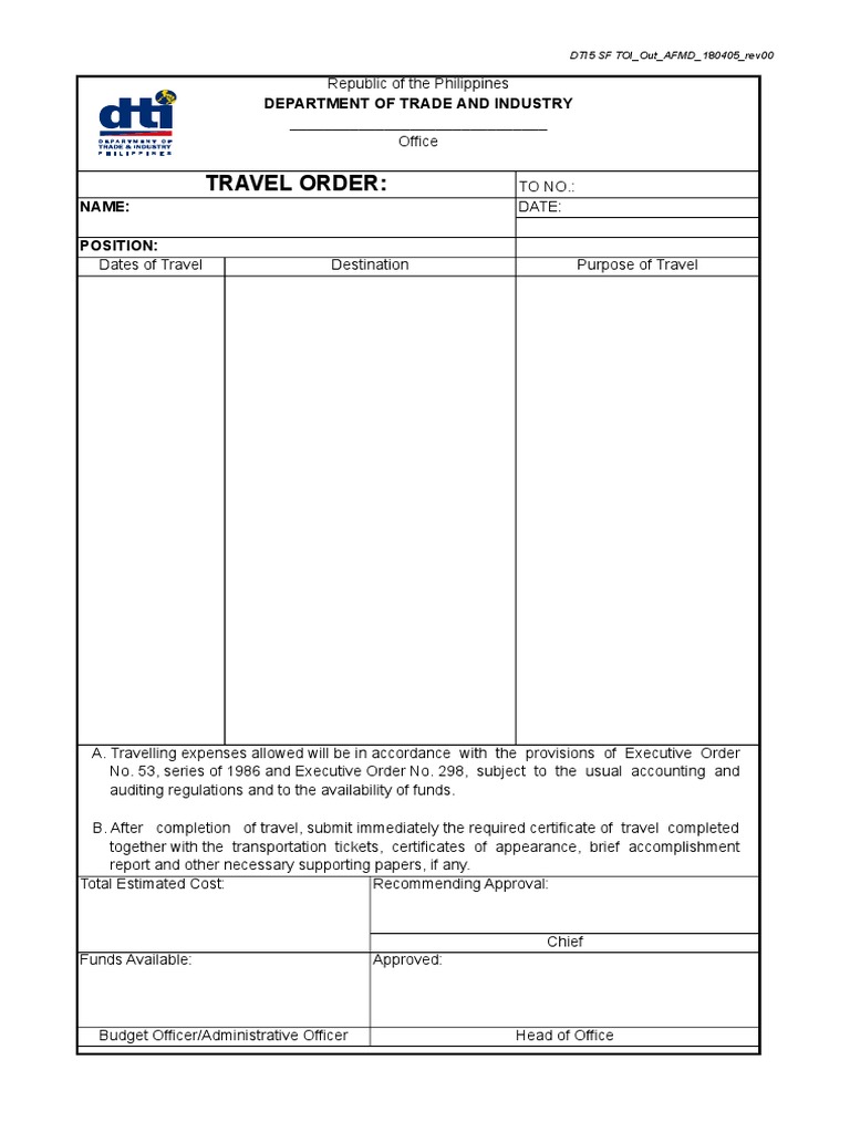Travel Order:: Department of Trade and Industry | PDF