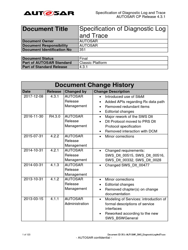 AUTOSAR SWS DiagnosticLogAndTrace | PDF | Identifier | Specification ...