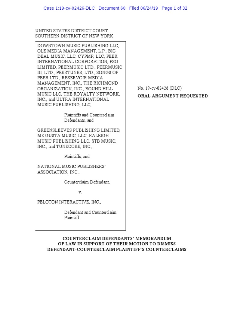 NMPA v. Peloton - Motion To Dismiss Counterclaim | PDF | Lawsuit | Justice