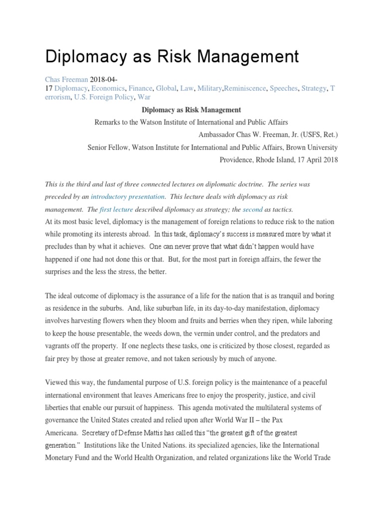 Diplomacy As Risk Management. | PDF | Aids | Diplomacy
