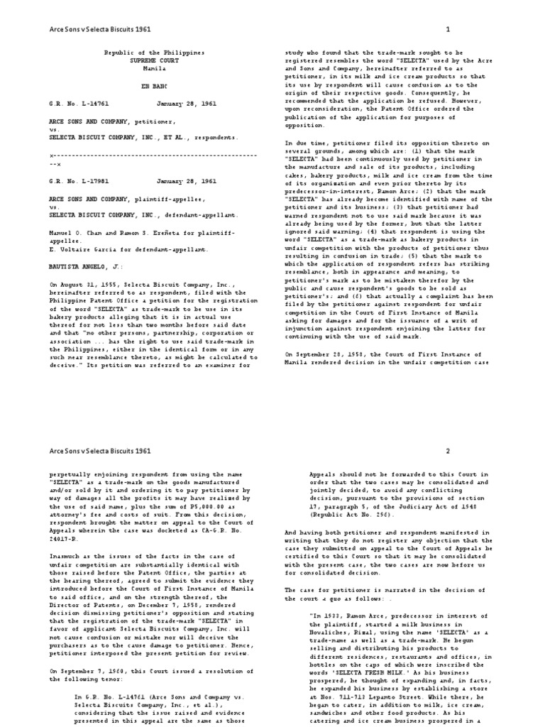 Arce Sons vs. Selecta Biscuits Case Summary | PDF | Trademark | Bakery