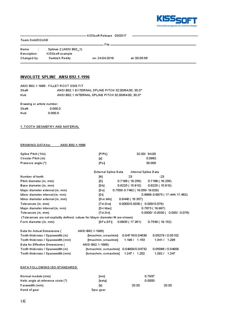 KISSsoft ANSI B92.1 Involute Spline Analysis | PDF | Gear | Engineering ...