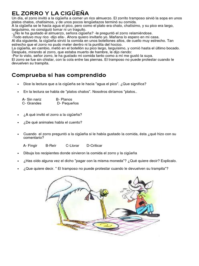 Fábula: El Zorro y la Cigüeña | PDF